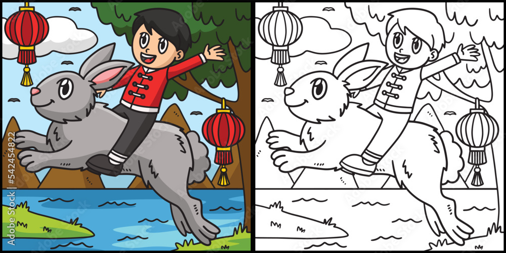 Boy Riding Rabbit Coloring Page Illustration Stock Vector | Adobe Stock