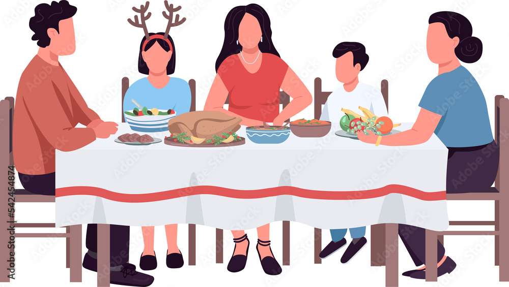 Thanksgiving dinner table semi flat color raster characters. Sitting ...
