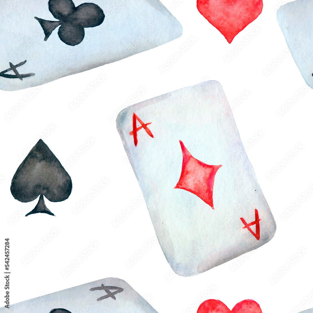 Watercolor Vintage Playing card Symbol seamless pattern on white ...