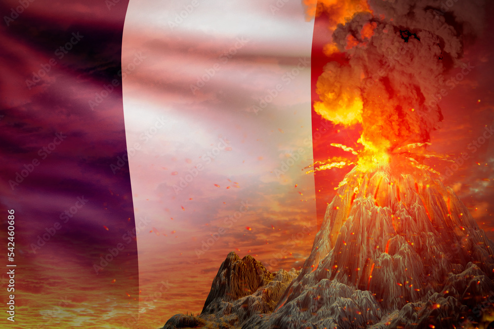 conical volcano blast eruption at night with explosion on France flag ...