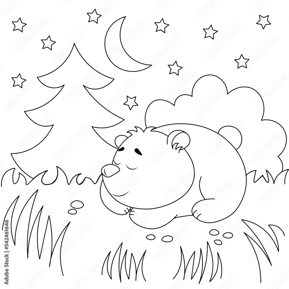 Vector coloring pages with cute bear sleeping at night under a bush in ...