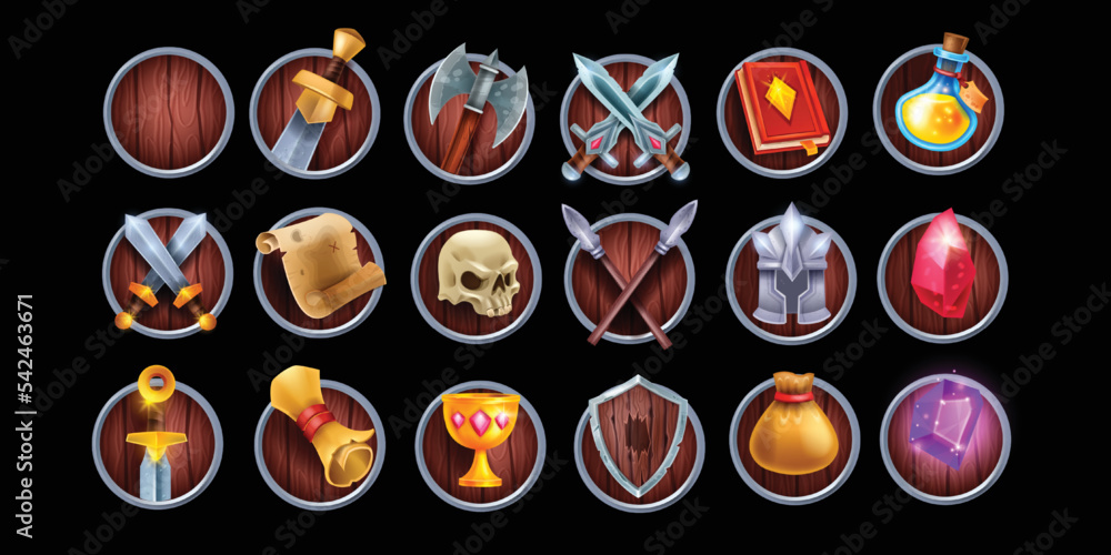 RPG game icon, vector UI circle wooden button set, warrior helmet ...