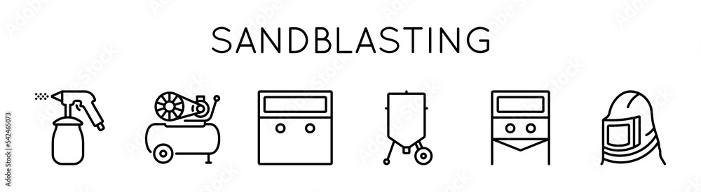 Sandblasting icons set. Presented camera, pistol, mask, container. For ...