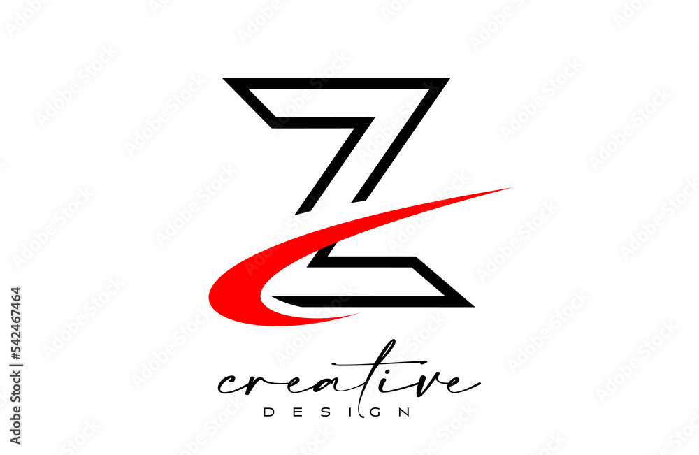 Outline Z Letter Logo Design with Creative Red Swoosh. Letter z Initial ...