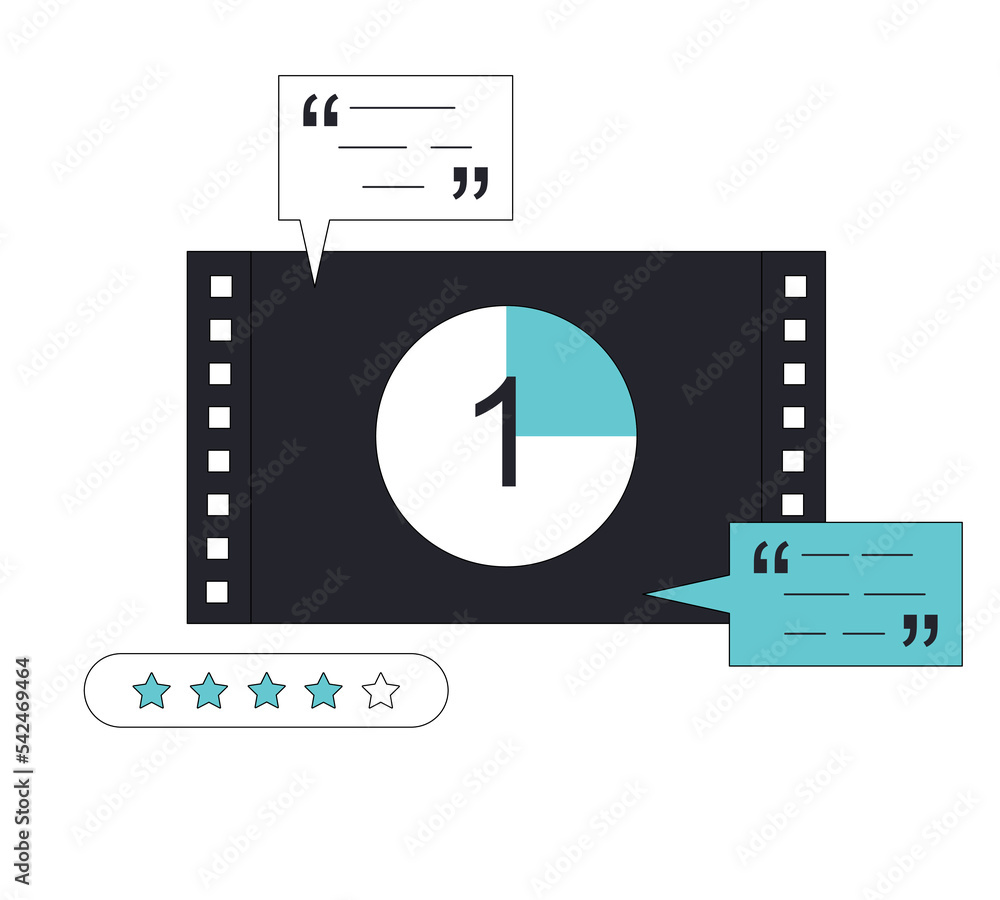 Movie review. Movie screen with countdown, rating with stars. Quotes ...