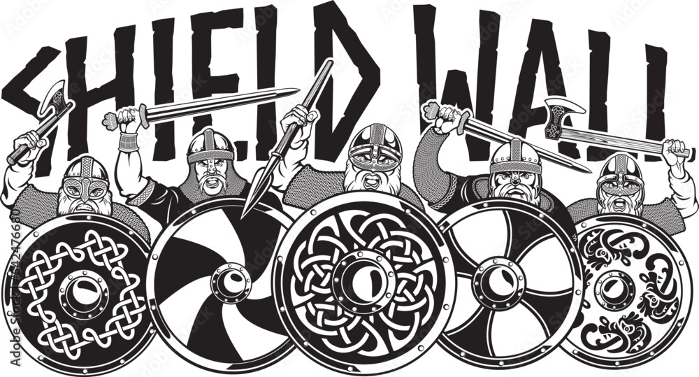 Vector illustration of Medieval viking warriors shield wall formation ...