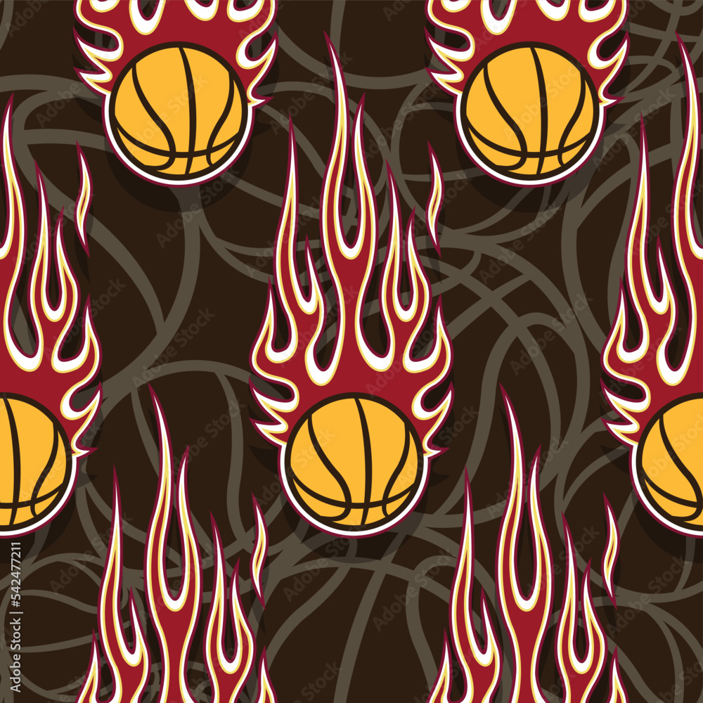 Basketball balls in burning fire flames seamless pattern basketball ...