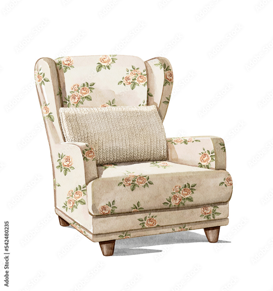 Watercolor vintage beige cozy soft chair with floral roses pattern ...