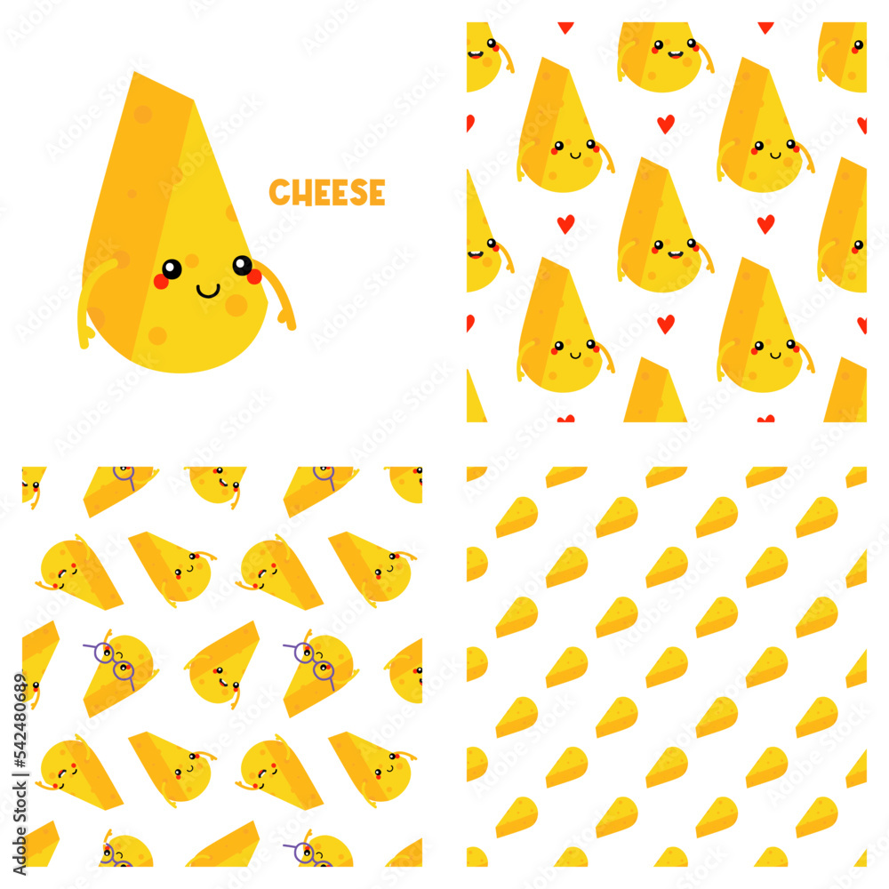 Cute cartoon style cheese character and set, collection of three cheese ...