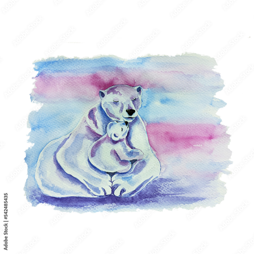 Drawn polar bear and bear cub. Polar white mother bear. Antarctica. Mom ...