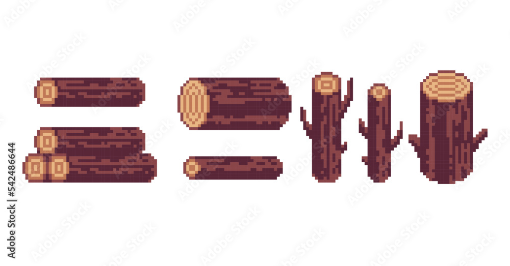 Stockvector Tree log pixel art set. Timber pile collection. Raw stacked ...