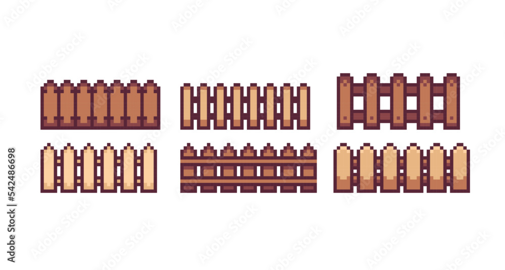 Wooden fence pixel art set. Countryside timber hedge collection. 8 bit ...