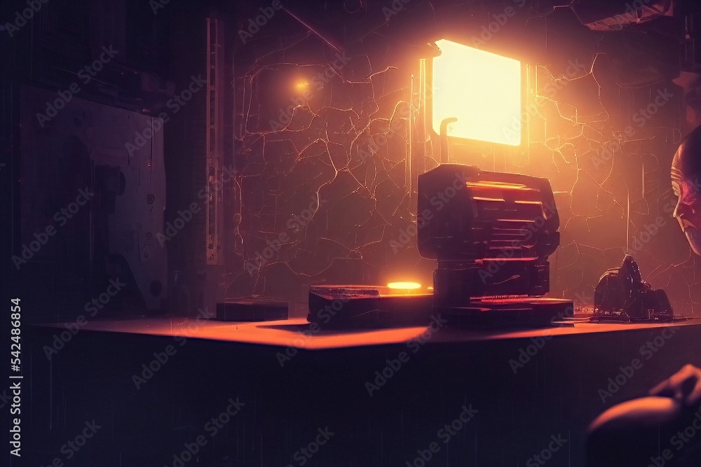 virtual cyberpunk electric device scenario in future factory or office ...