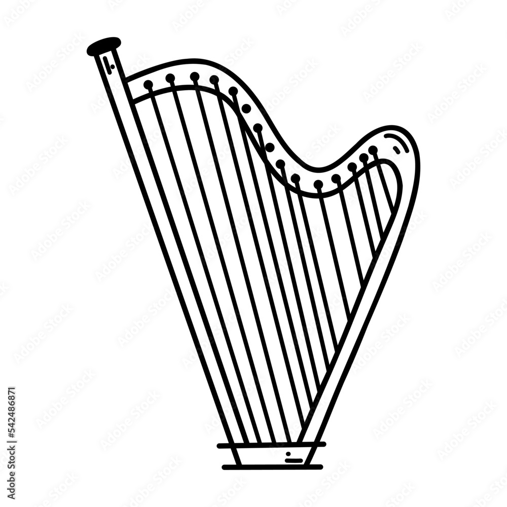 Doodle harp. Vector sketch illustration of musical instrument, black ...