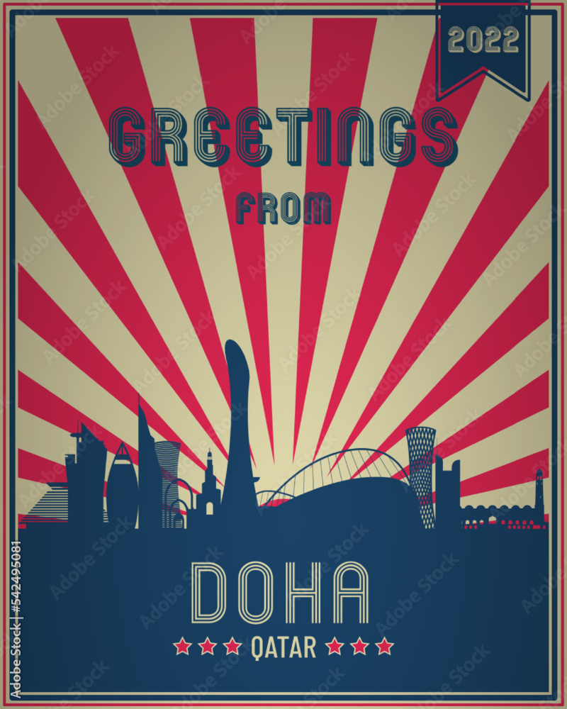 Doha city skyline. Vintage Tourist Greeting Card - Doha, Qatar. Design ...