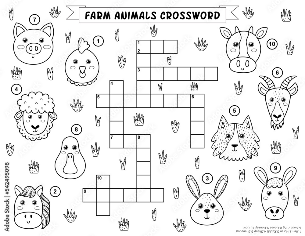 Black and white farm animals crossword puzzle for kids. Educational ...