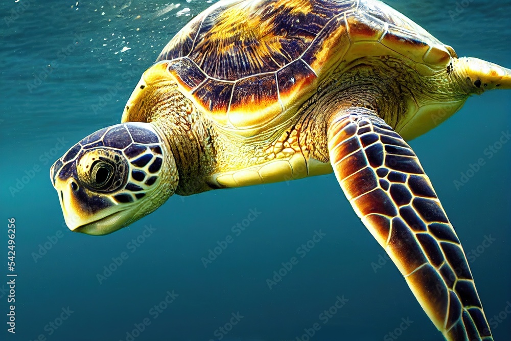 Sea turtle swimming in sea. Cute sea turtle in blue water of tropical ...