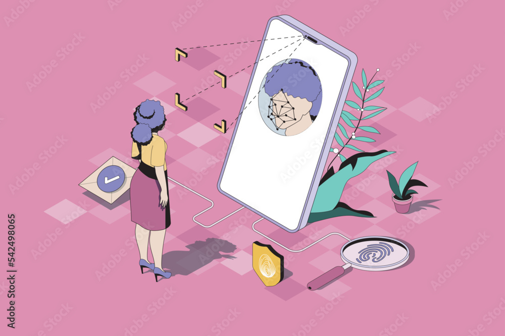 Biometric Control Web Concept In 3d Isometric Design Woman Uses Secure