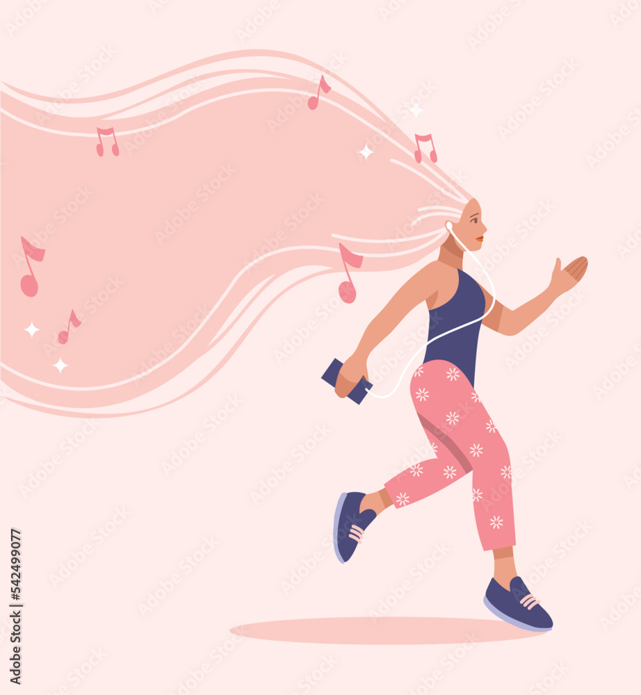 Woman runner with flowing hair. Listening to music. Musical notes. Pink ...