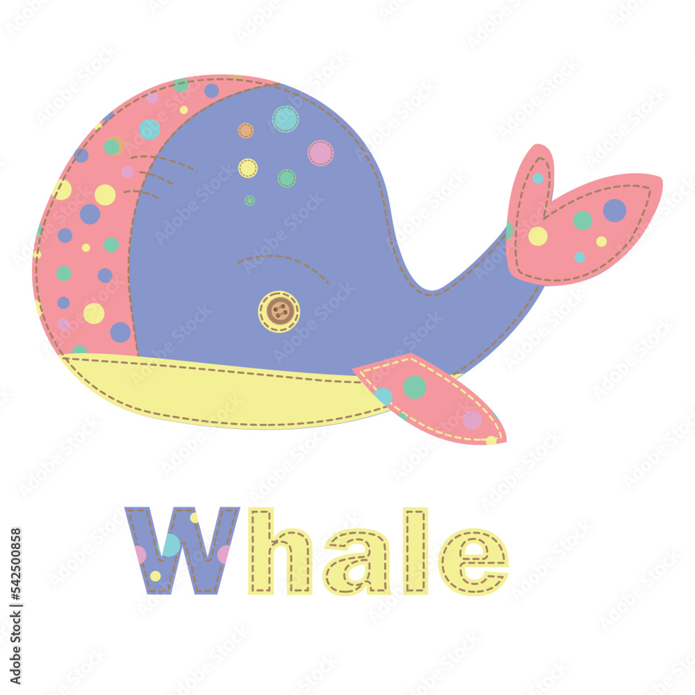 Patchwork vector drawing with a whale. Cute vector cartoon whale. Baby ...