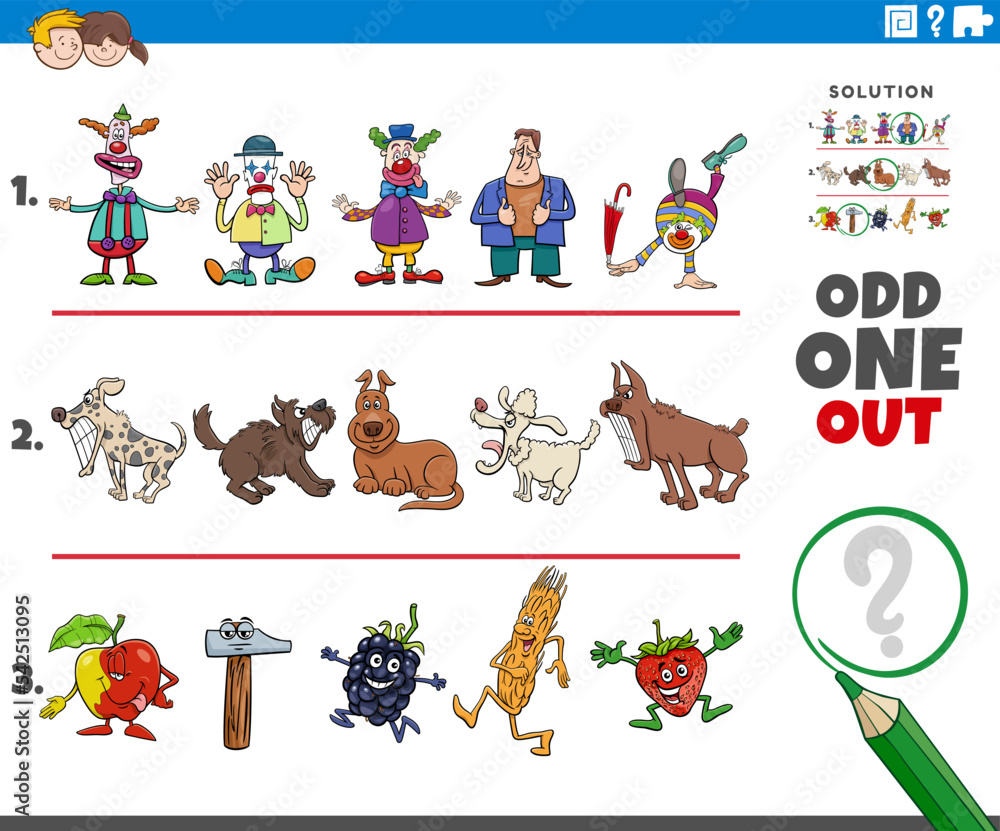 odd one out game with cartoon animal and object characters Stock Vector ...