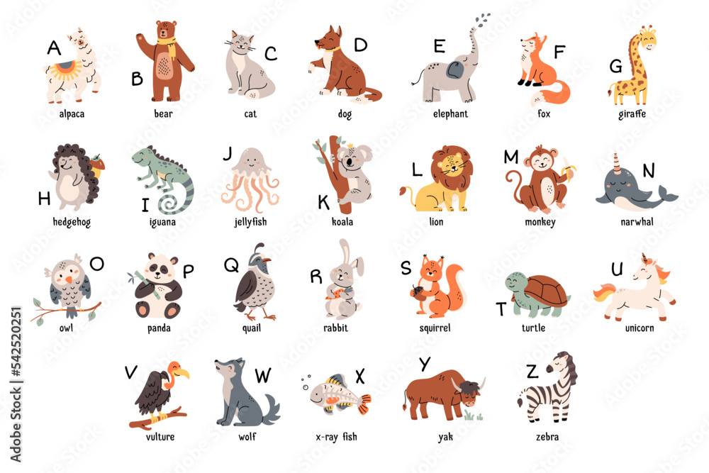 Colorful zoo alphabet with cute animals set. Cartoon letters from A to ...