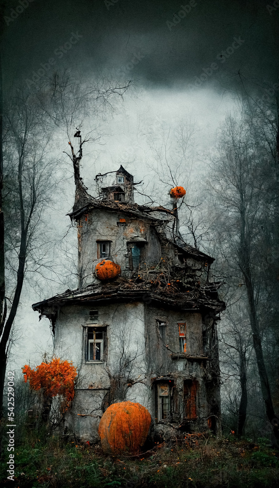 Abstract drawing of a creepy haunted old Halloween house fairy tale ...