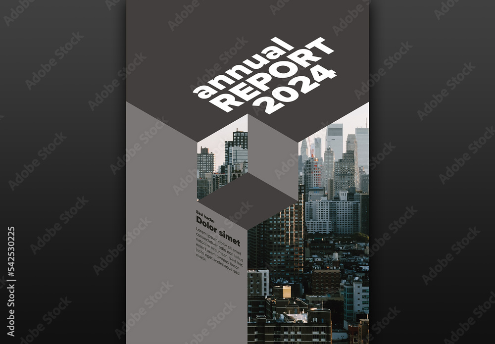 Dark Annual Report Front Cover Page Template with Isometric Photo Masks ...