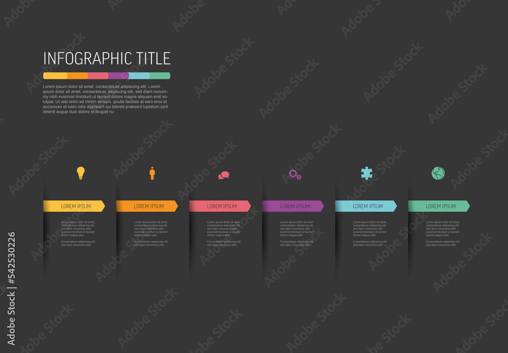 Six Elements Infographic with Color Arrows Bookmarks on Dark Background ...