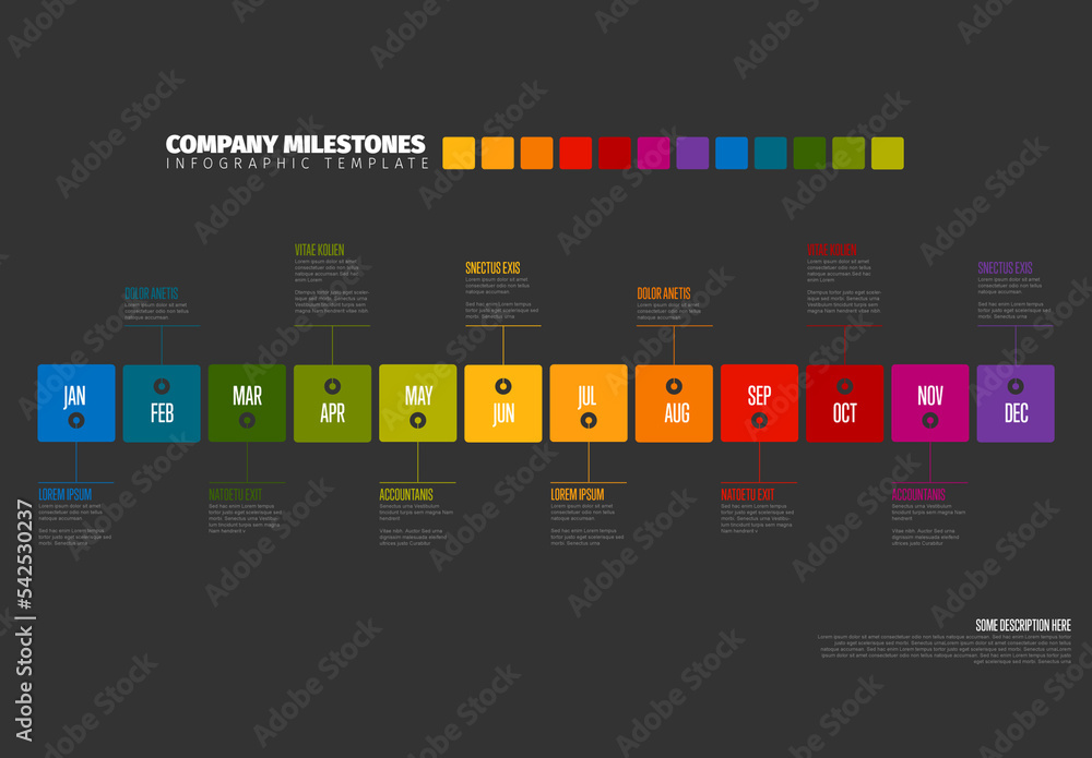 Dark Full Year Timeline Template with 12 Month Labels Made from Rainbow ...