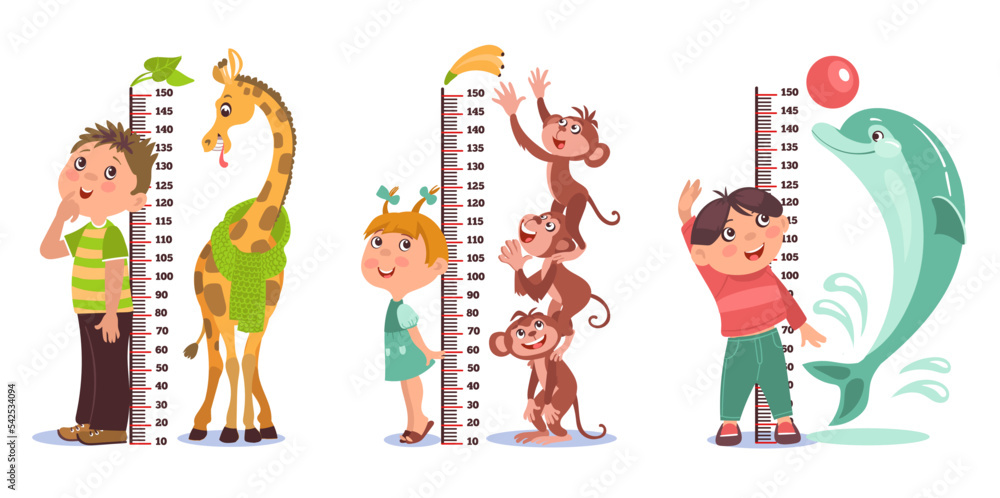 Vetor de Cute kids measure height. Boys and girls near wall measurement ...