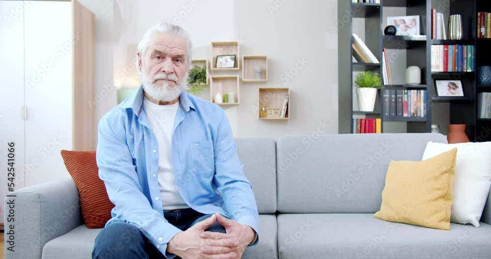 Thoughtful old man peacefully sitting on sofa in living room. Beautiful ...