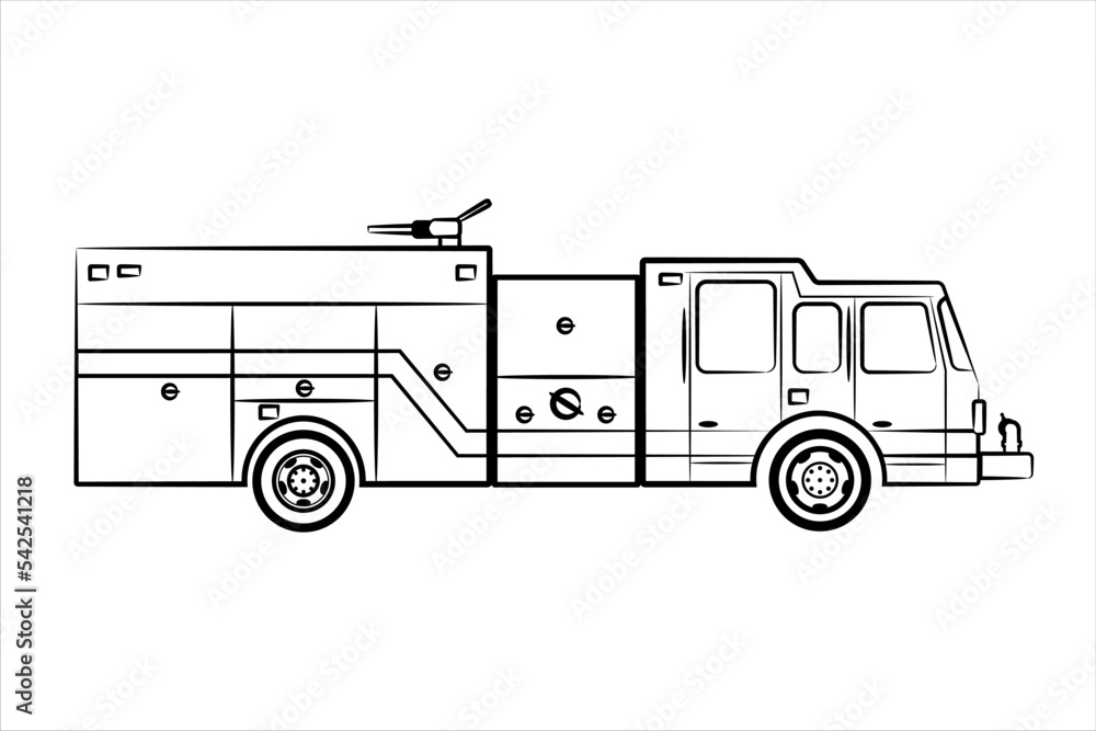 Outline of a fire truck from black lines. Hand drawing of a fire engine ...