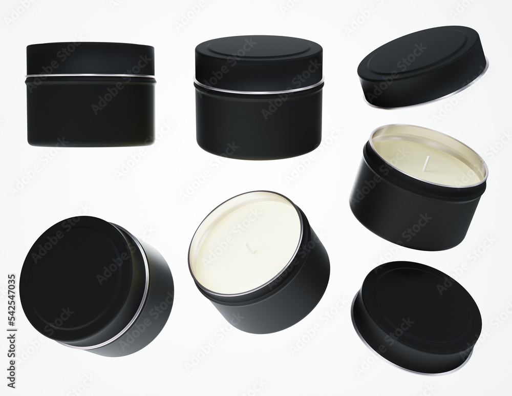 Travel candle in black and silver metal jar with lid 3D render mock-up, different views of ...