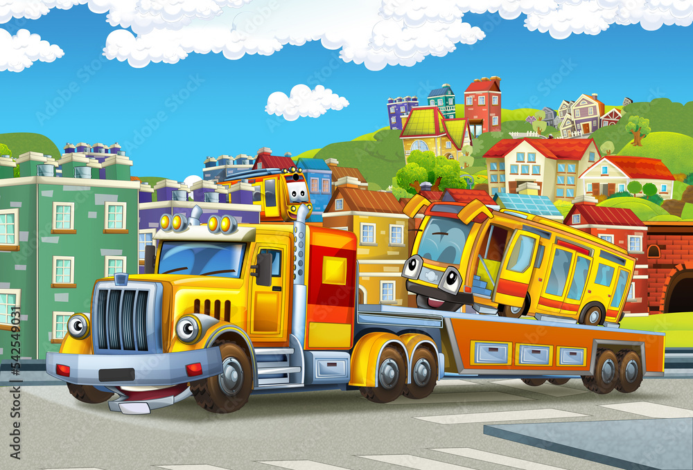 cartoon tow truck driving with load other car in the city Stock ...
