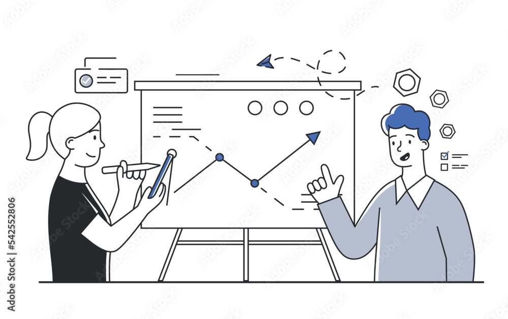 Man standing near flip chart. Young guy and woman draw graphs and ...