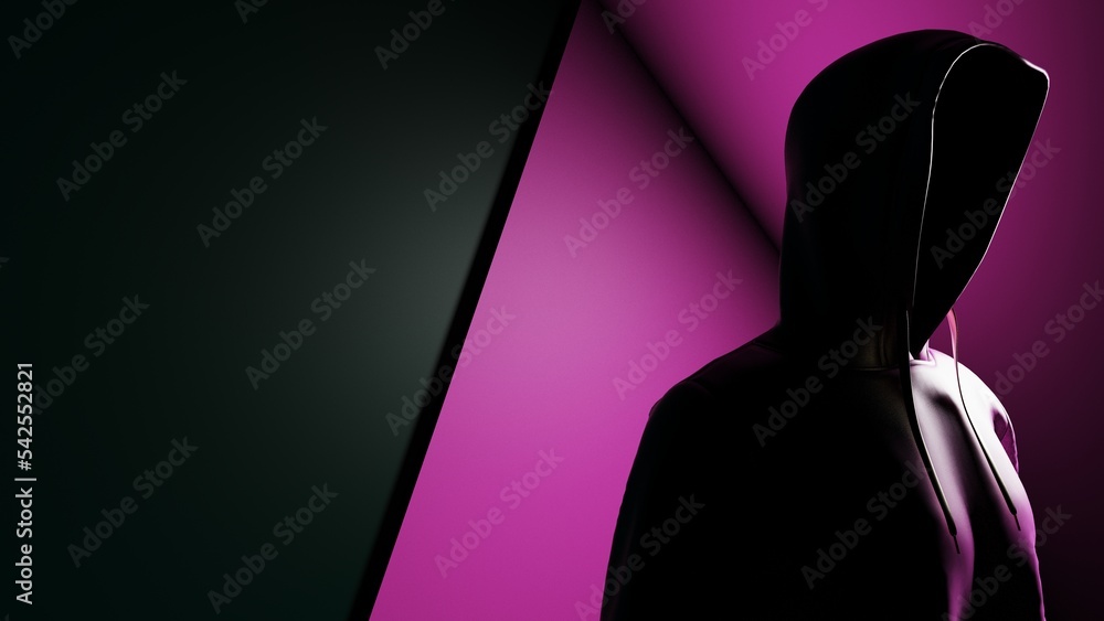 Anonymous hacker with pink color hoodie in shadow under deep black-pink ...