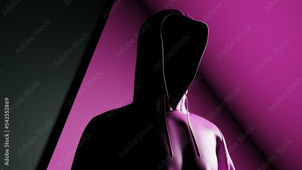 Anonymous hacker with pink color hoodie in shadow under deep black-pink ...