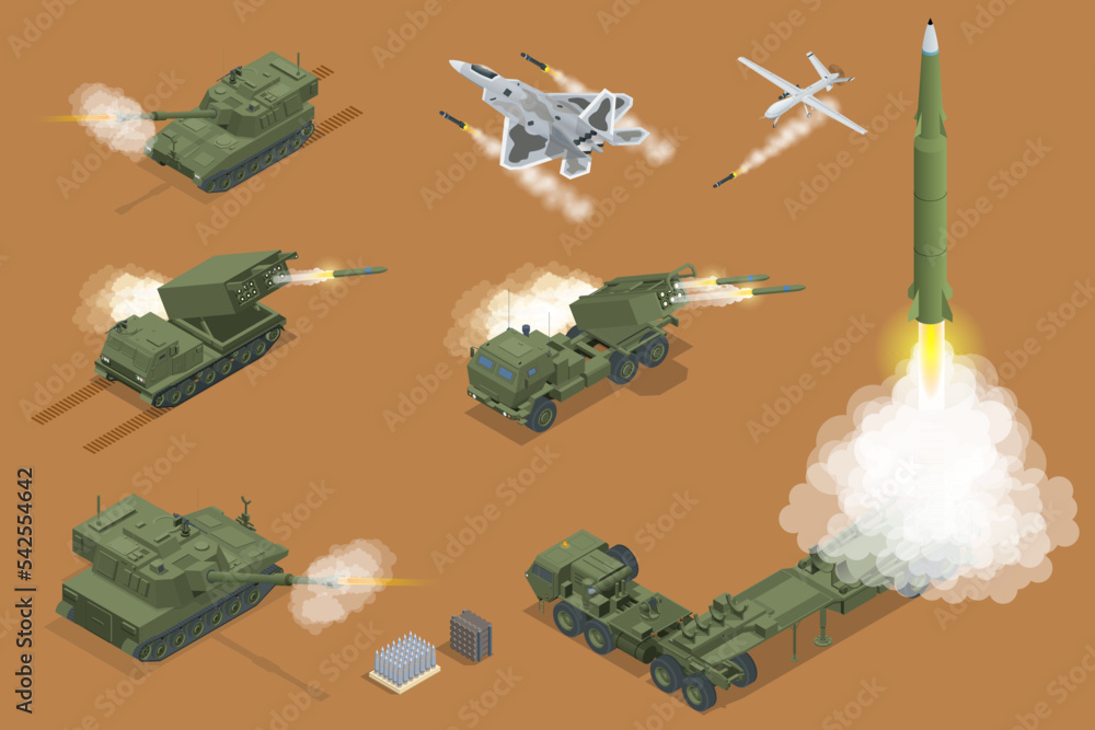 Military war set Isometric rocket salvo fire system on a wheeled ...