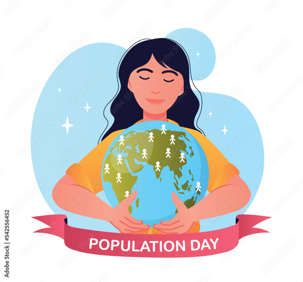 Population day concept. Woman hugs globe with silhouettes of people ...