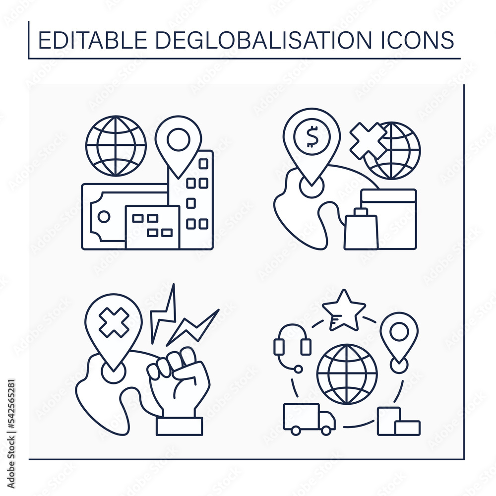 Deglobalisation line icons set. Reverse globalization, localized future ...