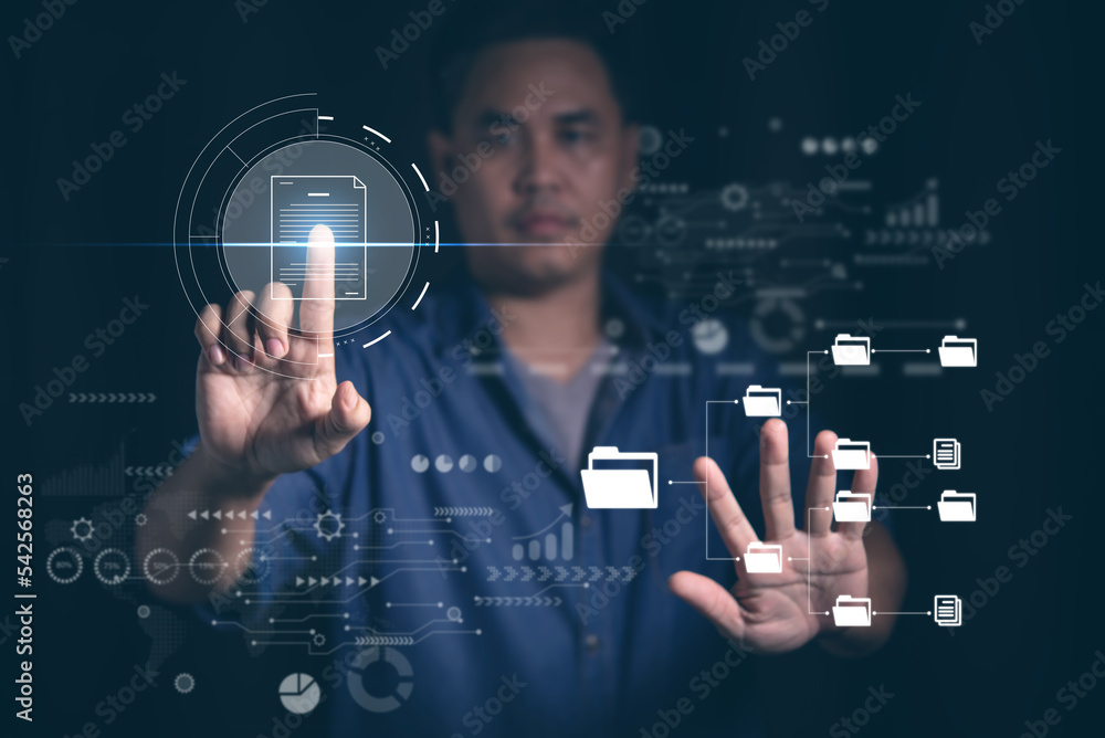 man hand holding system of files and document on viritual screen ...