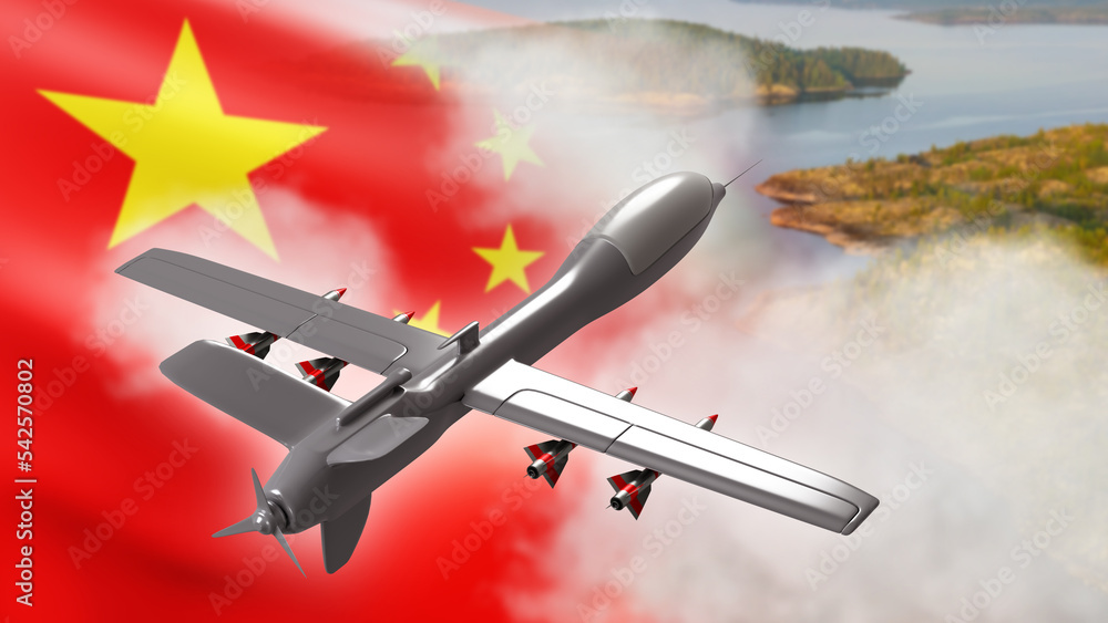 UAV made in China. Unmanned aerial vehicle with China flag. Attack ...