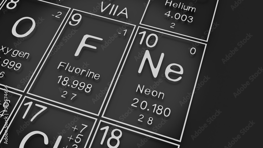 Fluorine, Neon on the periodic table of the elements on black ...