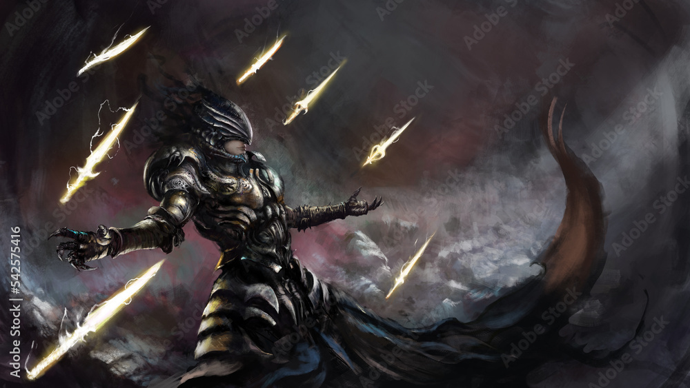 Mage knight in dark patterned armor uses light magic to form daggers ...