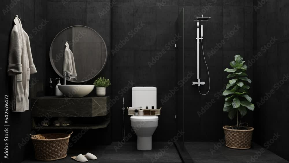 creating build up of hotel bathroom toilet with black and tiled walls ...
