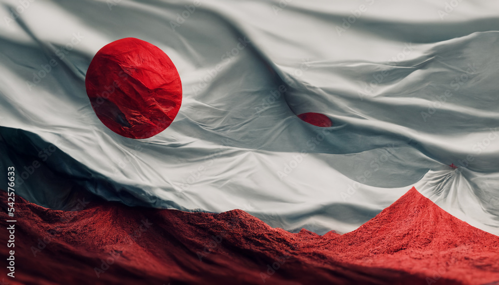 Japan flag with fabric texture on the top of red mountain. 3D ...