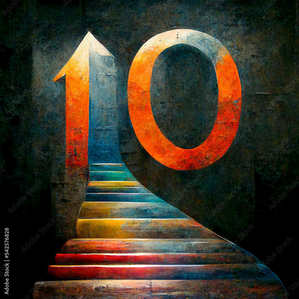 number 10 ten on orange color with colorful ladder and black background ...