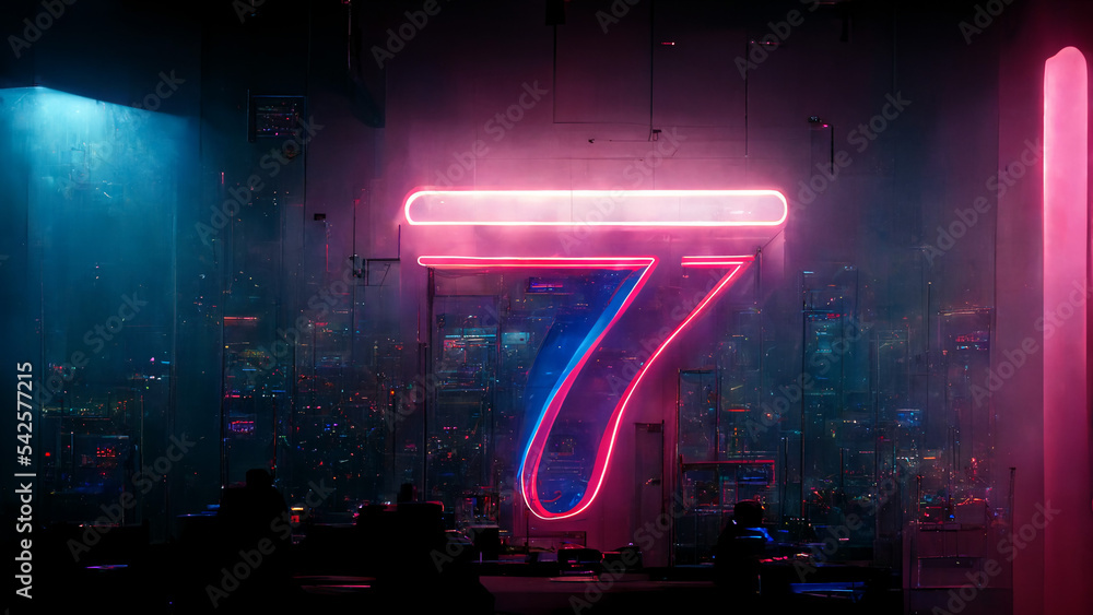number one glowing in the dark wall, pink blue neon light. 3d ...