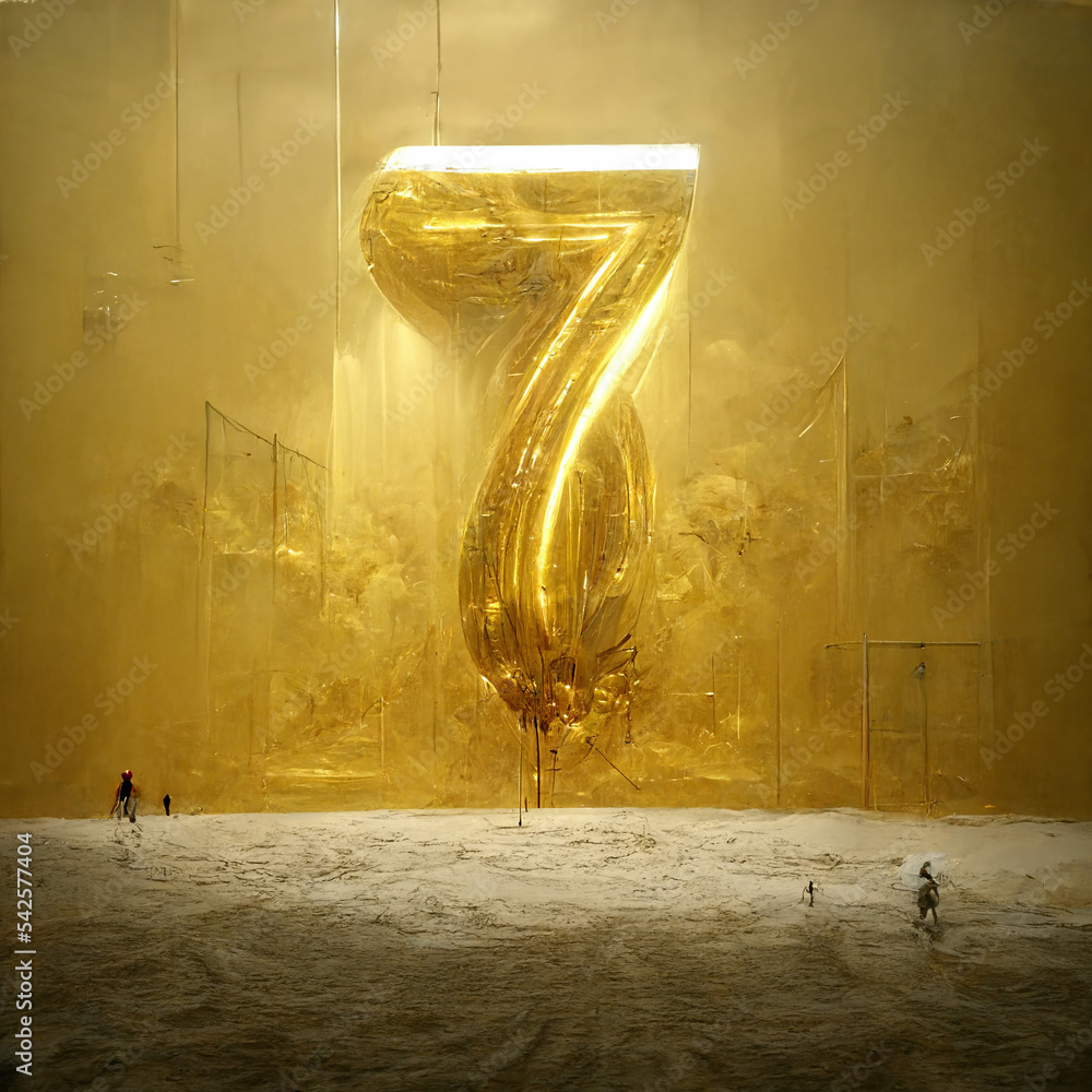 3d gold glass number 7 seven isolated white grey concrete wall ...